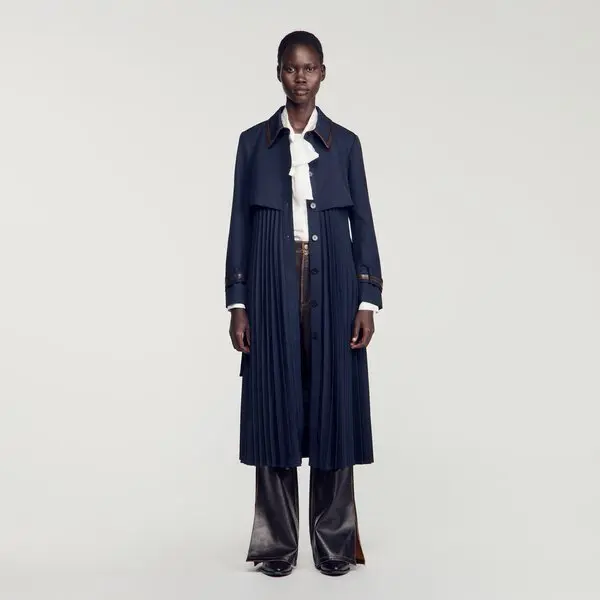 Sandro Trench Coat With Pleated Leather Collar - Navy Blue