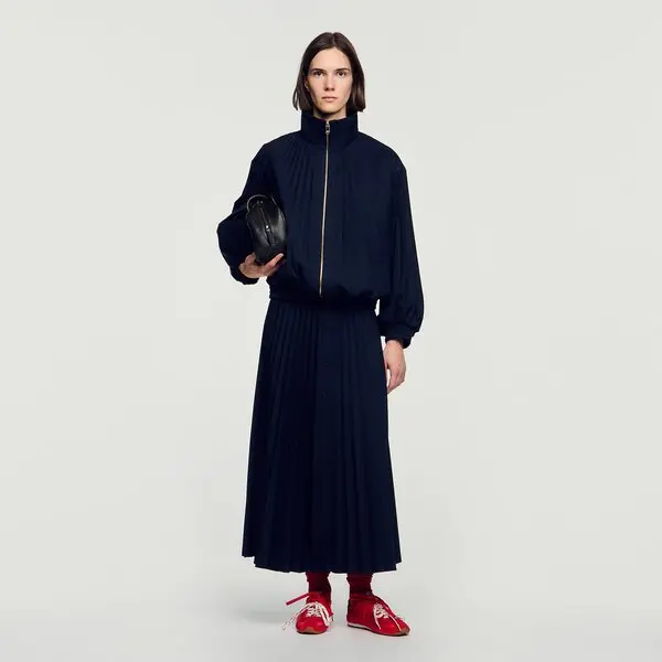 Sandro Pleated Zip-up Jacket - Navy Blue