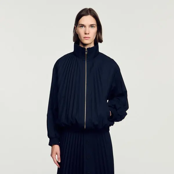 Sandro Pleated Zip-up Jacket - Navy Blue