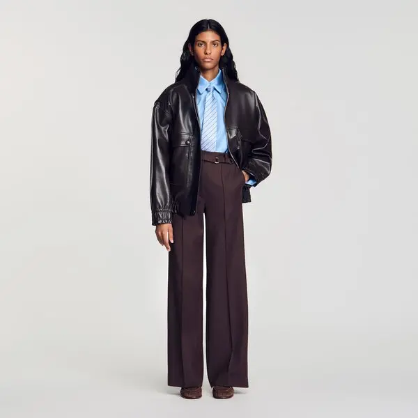 Sandro Straight-leg Wool Trousers With Branded Metal Ring Belt - Light Brown
