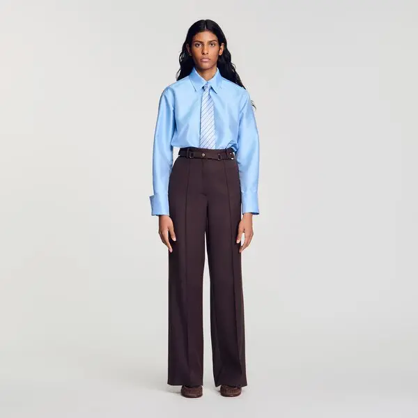 Sandro Straight-leg Wool Trousers With Branded Metal Ring Belt
