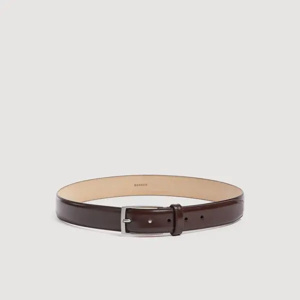 Sandro Glazed Leather Belt With Engraved Buckle - Chocolate