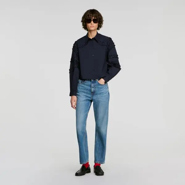 Sandro Gathered Rhinestone Cotton Shirt