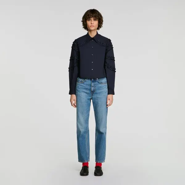 Sandro Gathered Rhinestone Cotton Shirt