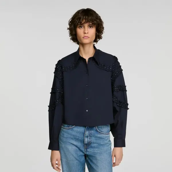 Sandro Gathered Rhinestone Cotton Shirt