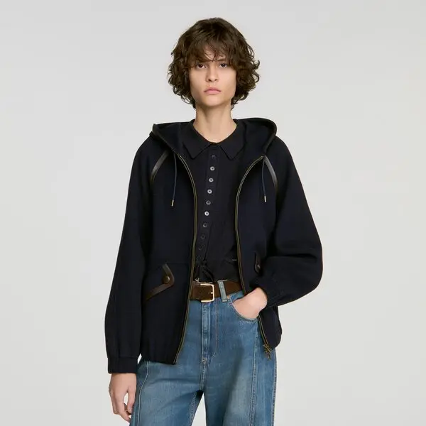 Sandro Hooded Wool And Leather Coat