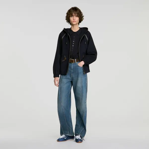 Sandro Hooded Wool Coat With Leather Details - Navy Blue