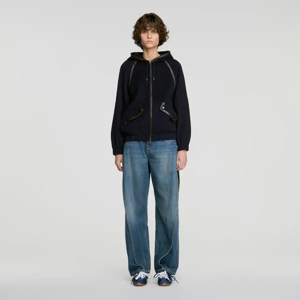 Sandro Hooded Wool Coat With Leather Details - Navy Blue