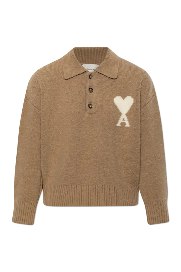 AMI Paris Long Sleeve Polo - Brown