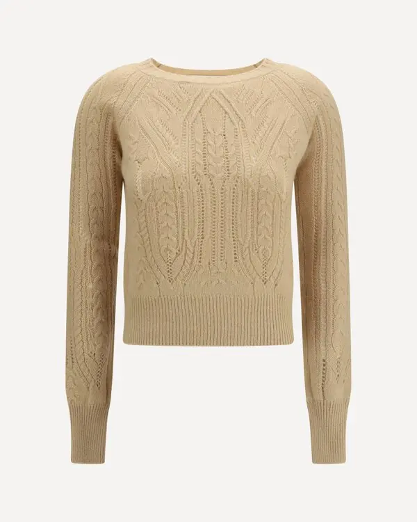 Ermanno Scervino Long Sleeve Cable Knit And Openwork Cashmere Sweater - Beige