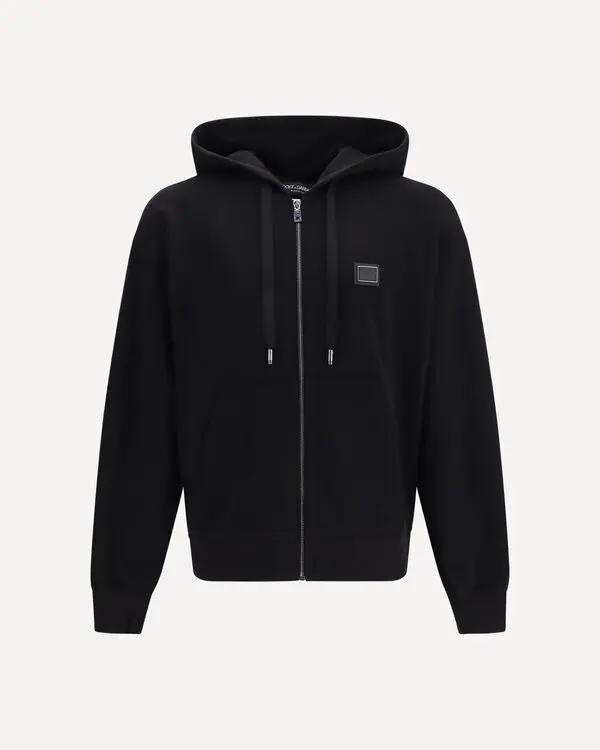 Dolce & Gabbana Cotton Hooded Sweatshirt With Dg Plaque - Black