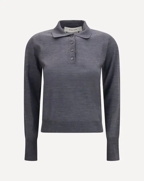 GOLDEN GOOSE Long Sleeve Merino Wool Polo Shirt - Grey