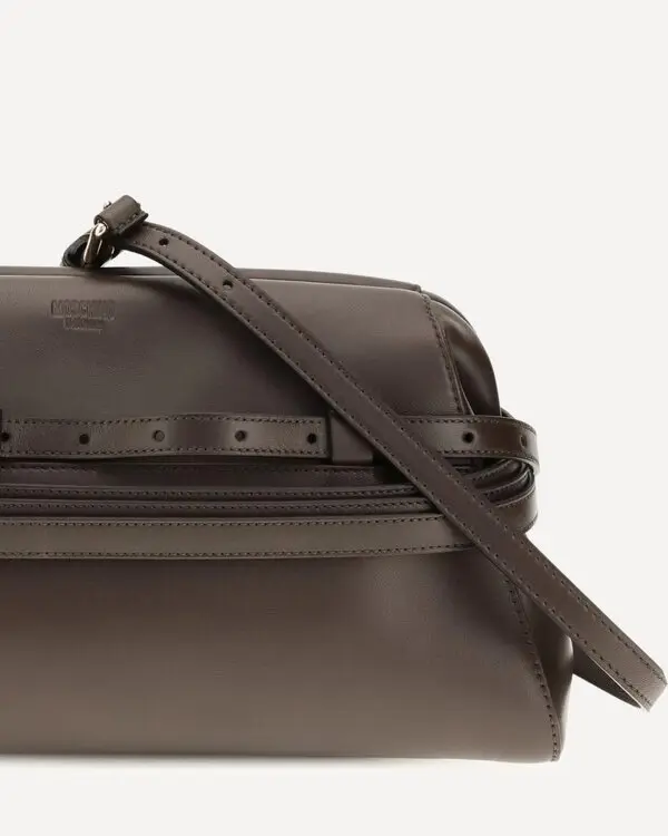 Moschino Leather Clutch With Buckle Detail And Embossed Logo - Brown