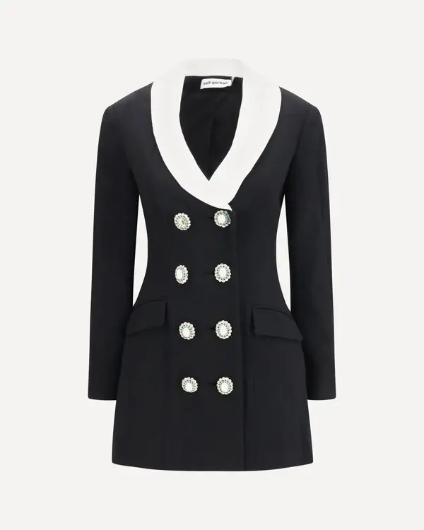 SELF-PORTRAIT Long Double-breasted Blazer With Contrast Neckline
