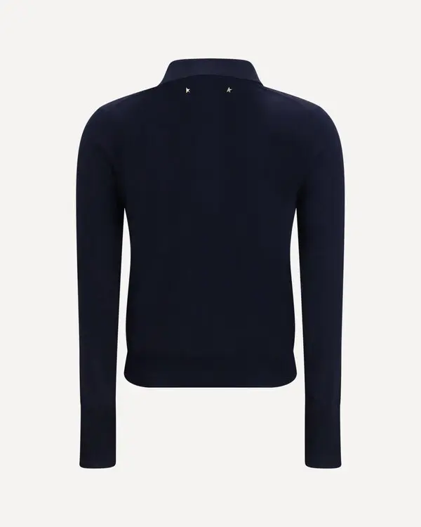 GOLDEN GOOSE Long Sleeve Merino Wool Polo - Blue