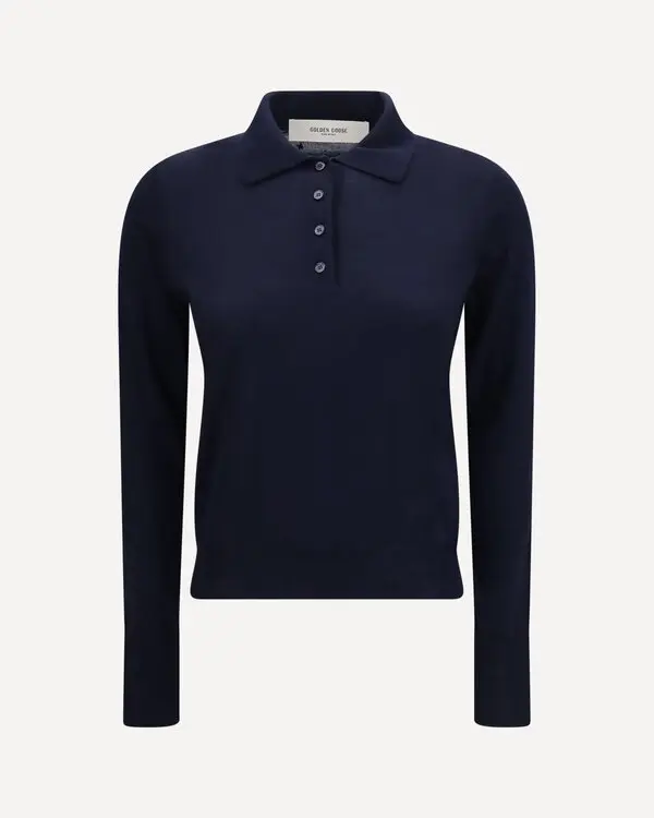 GOLDEN GOOSE Long Sleeve Merino Wool Polo - Blue
