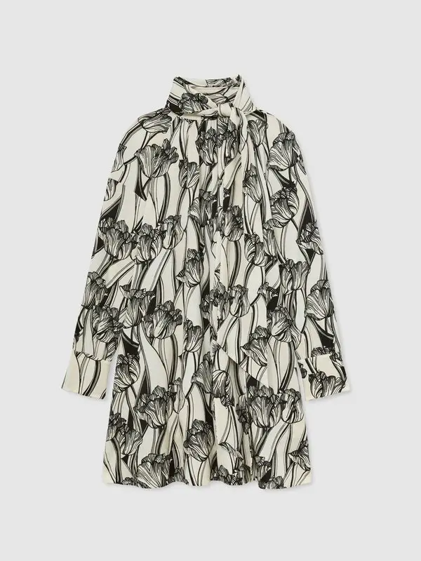 REISS Alwen Floral-print Tie-neck Swing Mini Dress