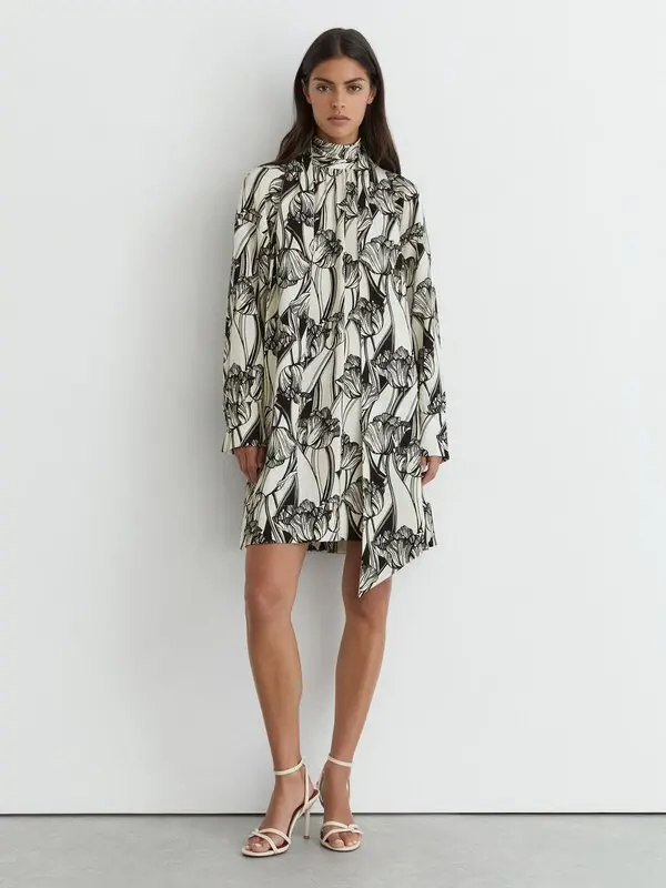 REISS Alwen Floral-print Tie-neck Swing Mini Dress