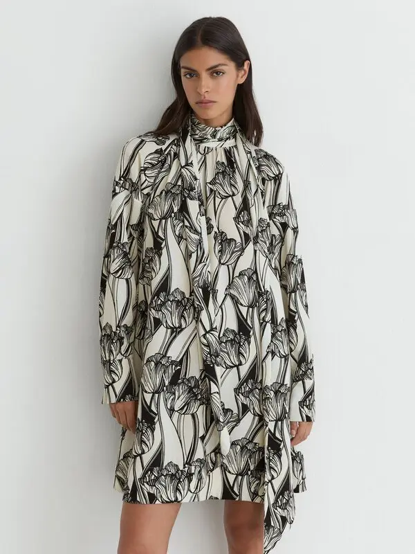 REISS Alwen Floral-print Tie-neck Swing Mini Dress