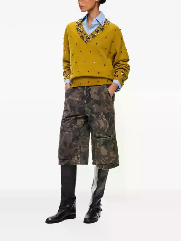 Pinko Crystal Embellished V-neck Long Sleeve Sweater - Yellow