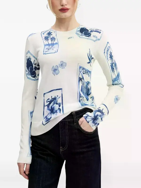 Desigual Graphic Print Round Neck Long Sleeve Sweater - White
