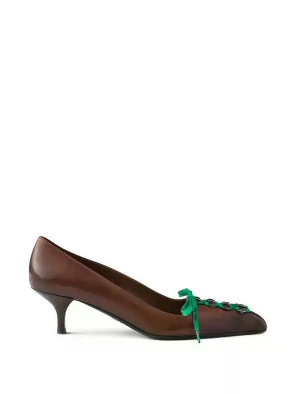 Prada Antiqued Leather Pumps With Lace Detailing - Brown