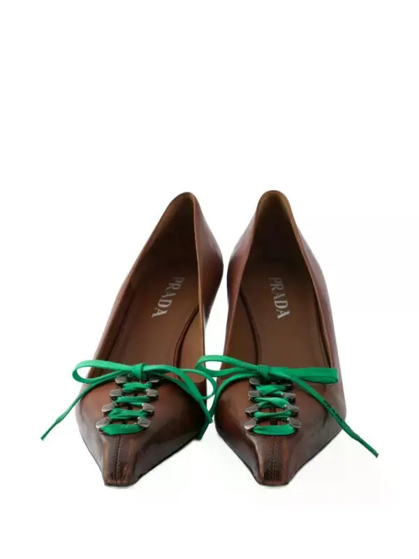 Prada Antiqued Leather Pumps With Lace Detailing - Brown