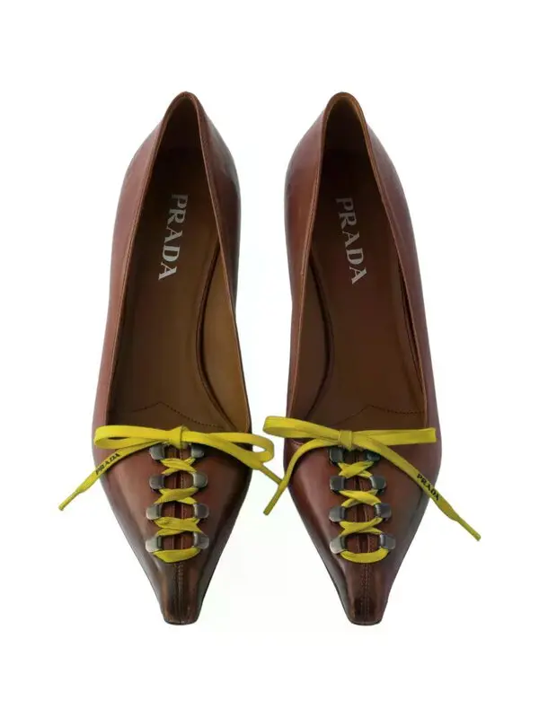 Prada Antiqued Leather Pumps With Lace Detailing - Brown