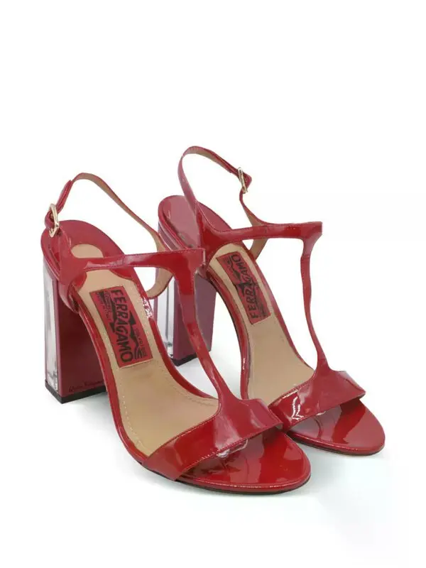 FERRAGAMO Patent Leather Mirror Heel T-strap Sandals
