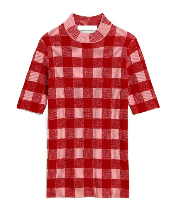 AMI Paris Checked Short Sleeve Knit Top