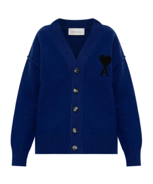AMI Paris De Coeur V-neck Cardigan - Navy Blue