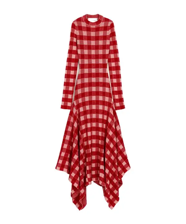AMI Paris Maxi Checkered Godet Dress - Soft Pink/ruby Red