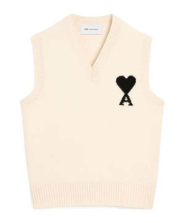 AMI Paris De Coeur V-neck Sweater Vest - Off-white/black