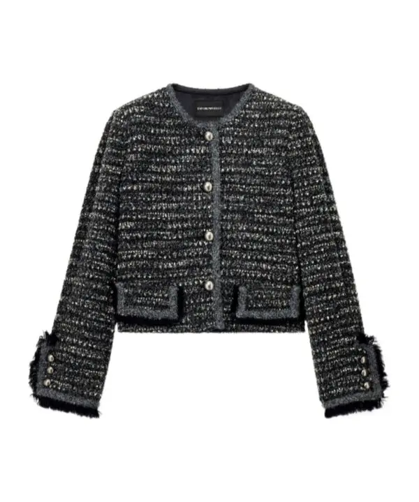 Emporio Armani Cropped Lurex Tweed Blazer In Virgin Wool With Fringed Cuffs - Black