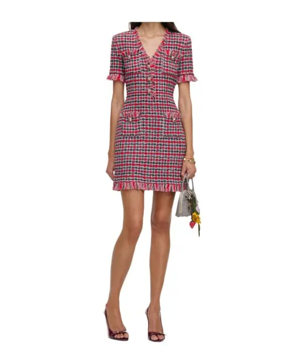 SELF-PORTRAIT Check Frayed Knit Mini Dress
