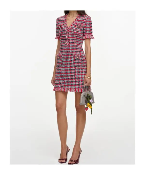 SELF-PORTRAIT Check Frayed Knit Mini Dress