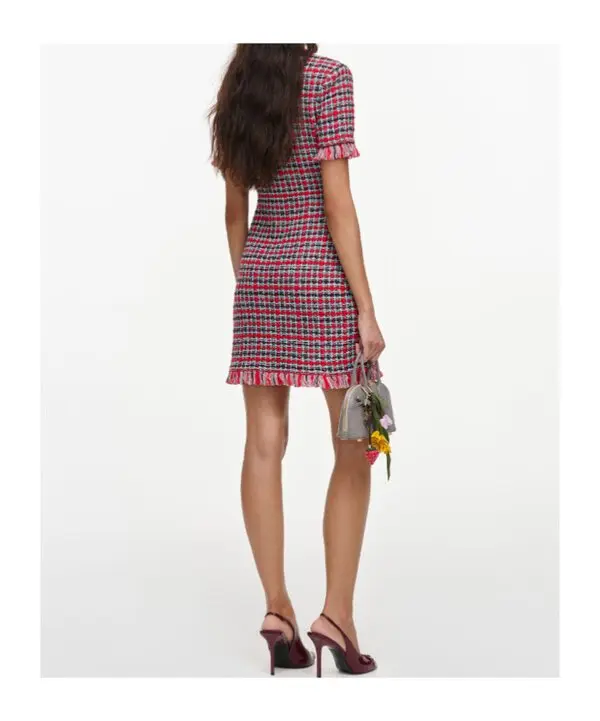 SELF-PORTRAIT Check Frayed Knit Mini Dress
