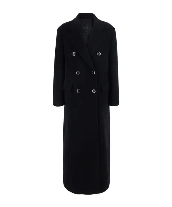 Pinko Long Double-breasted Coat In Wool-blend Fabric - Black