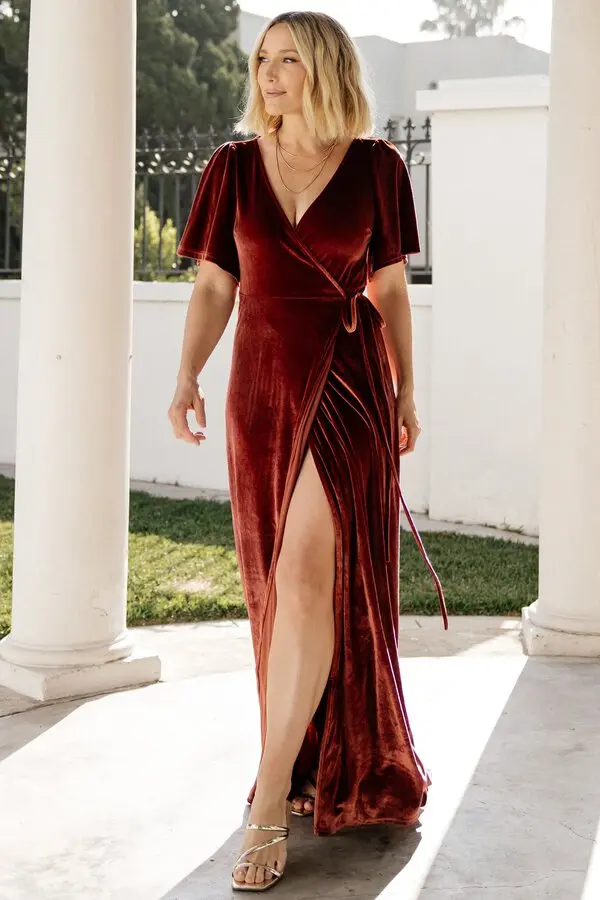 XH TEXTILES Meghan Velvet Wrap Maxi Dress - Terracotta