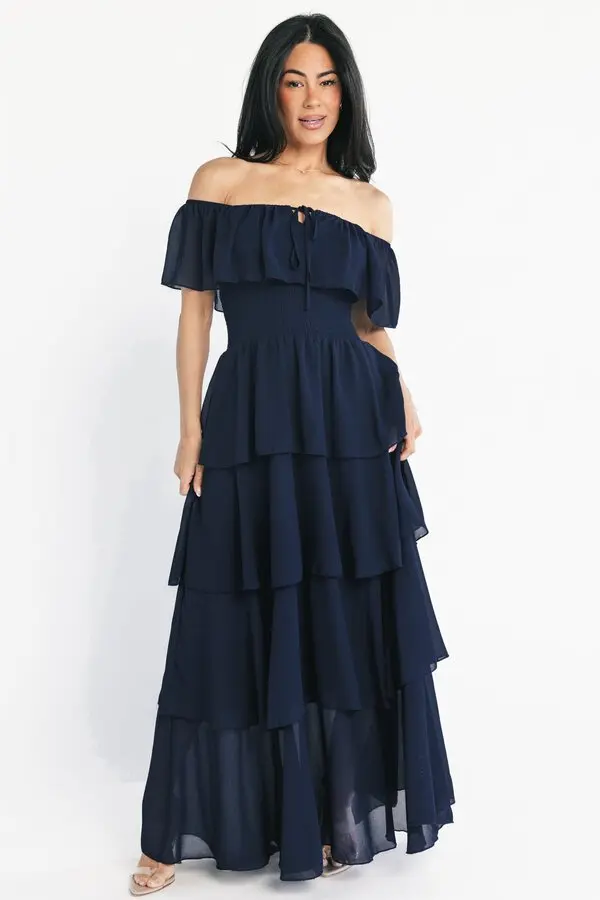 XH TEXTILES Carina Off Shoulder Maxi Dress - Navy