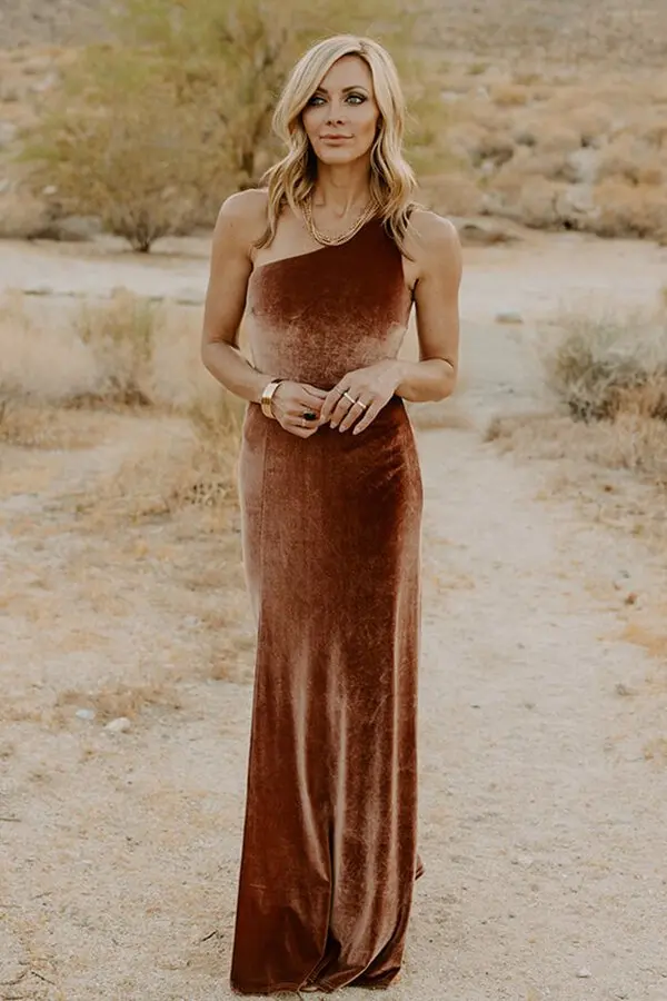 XH TEXTILES Tatiana Velvet One Shoulder Maxi Dress - Bronze