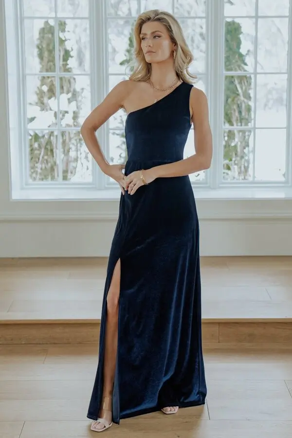 XH TEXTILES Tatiana Velvet One-shoulder Maxi Dress - Navy