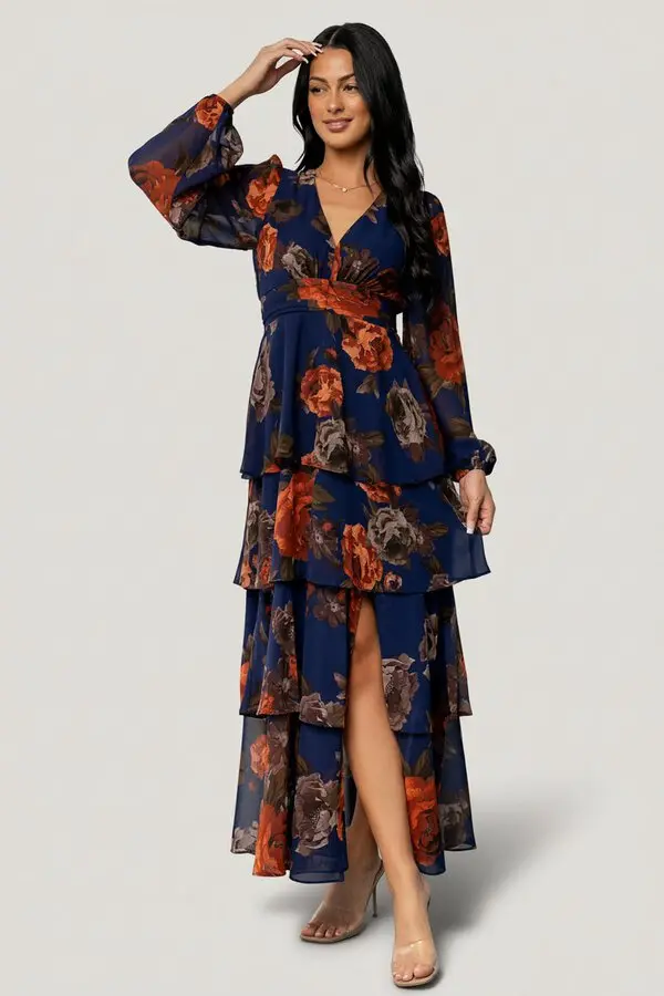 XH TEXTILES Mariella Tiered Maxi Dress - Navy + Rust