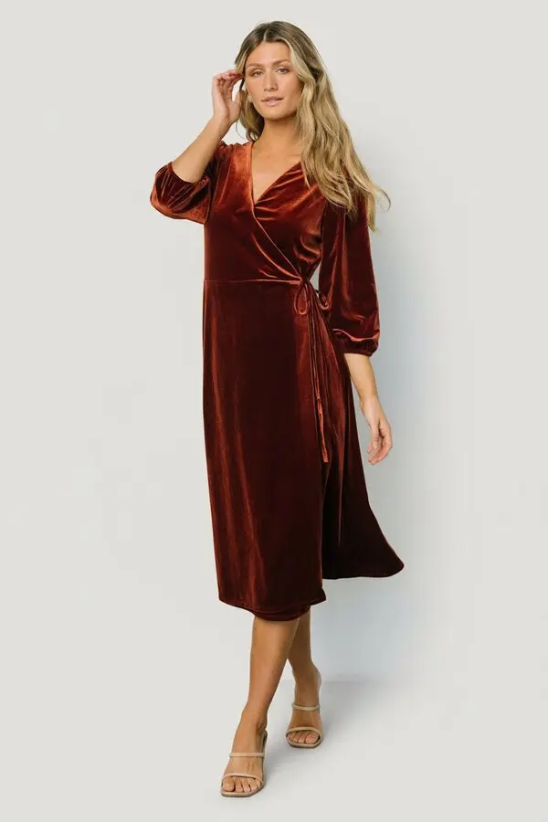 SKIES ARE BLUE Beckinsale Velvet Wrap Dress - Cinnamon