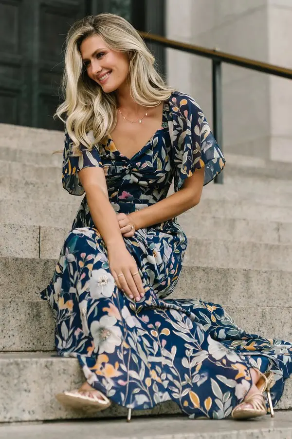 XH TEXTILES Floral Maxi Dress With Flutter Sleeves - Navy Multi