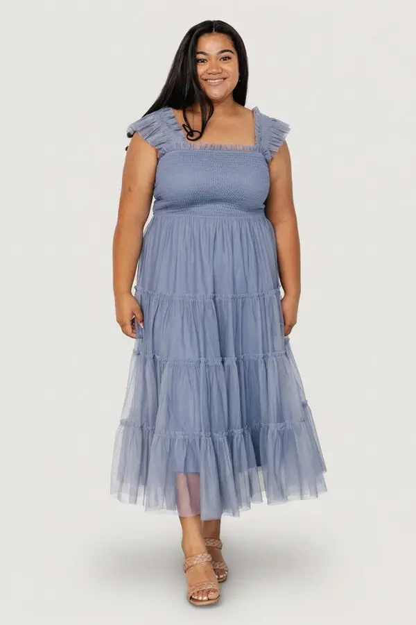 LISTICLE Emma Smocked Tulle Dress - Slate Blue