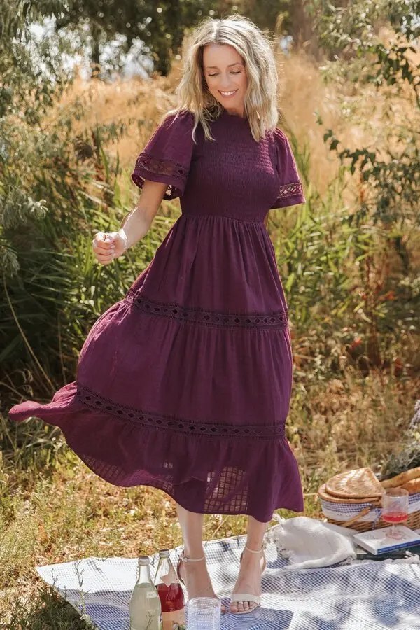 POLAGRAM Loveland Geo Lace Maxi Dress - Mulberry