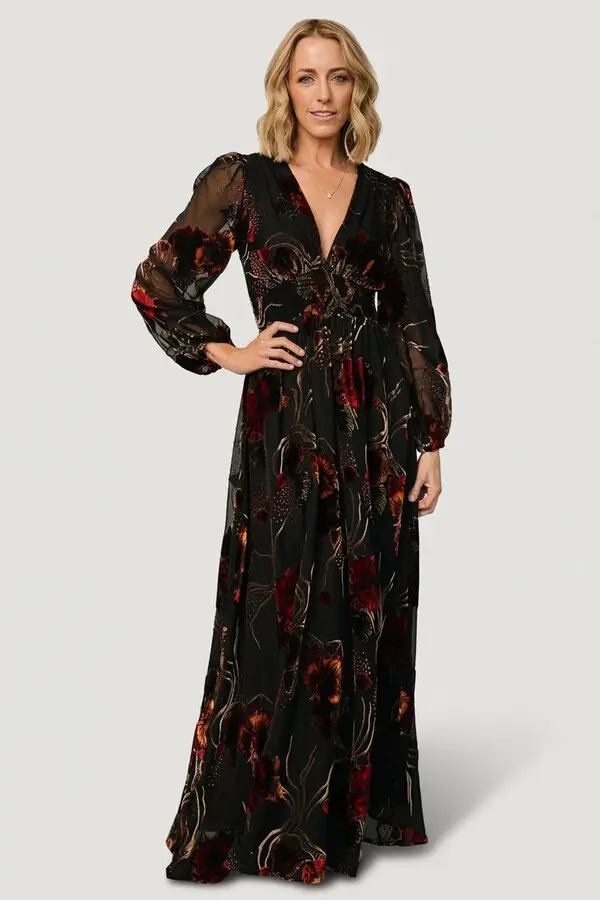 XH TEXTILES Mikla Burnout Velvet Maxi Dress - Black Multi