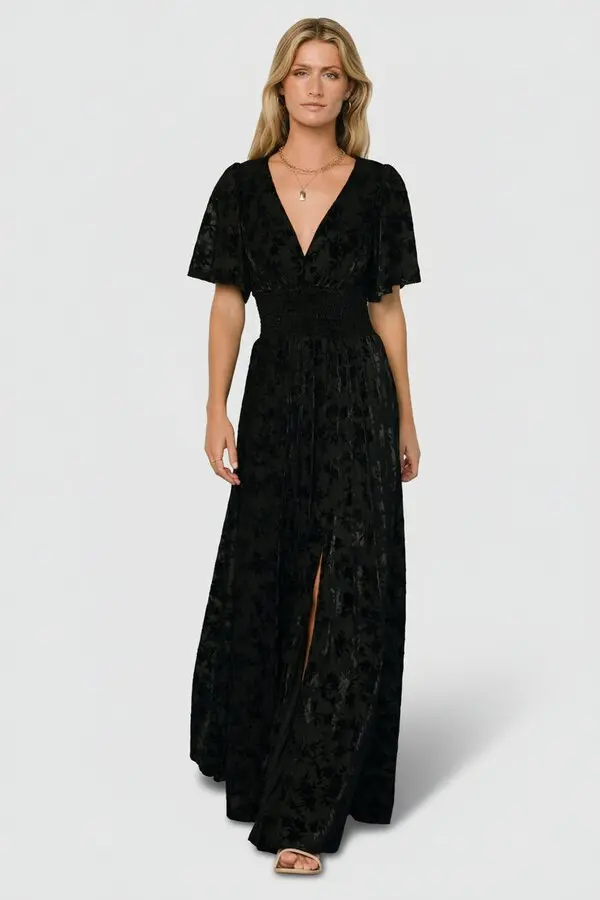 XH TEXTILES Veronica Embossed Velvet Maxi Dress - Black