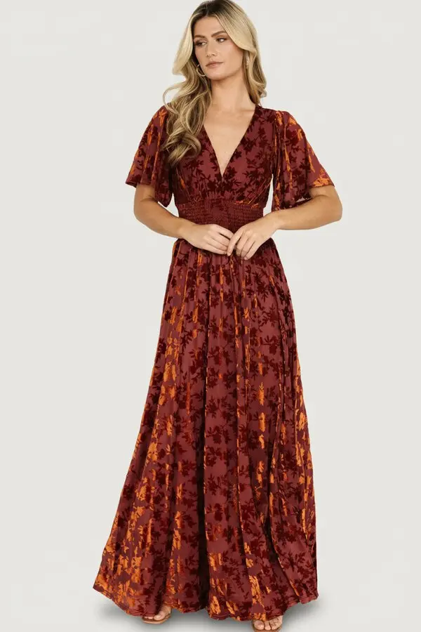 XH TEXTILES Veronica Velvet Maxi Dress - Rust